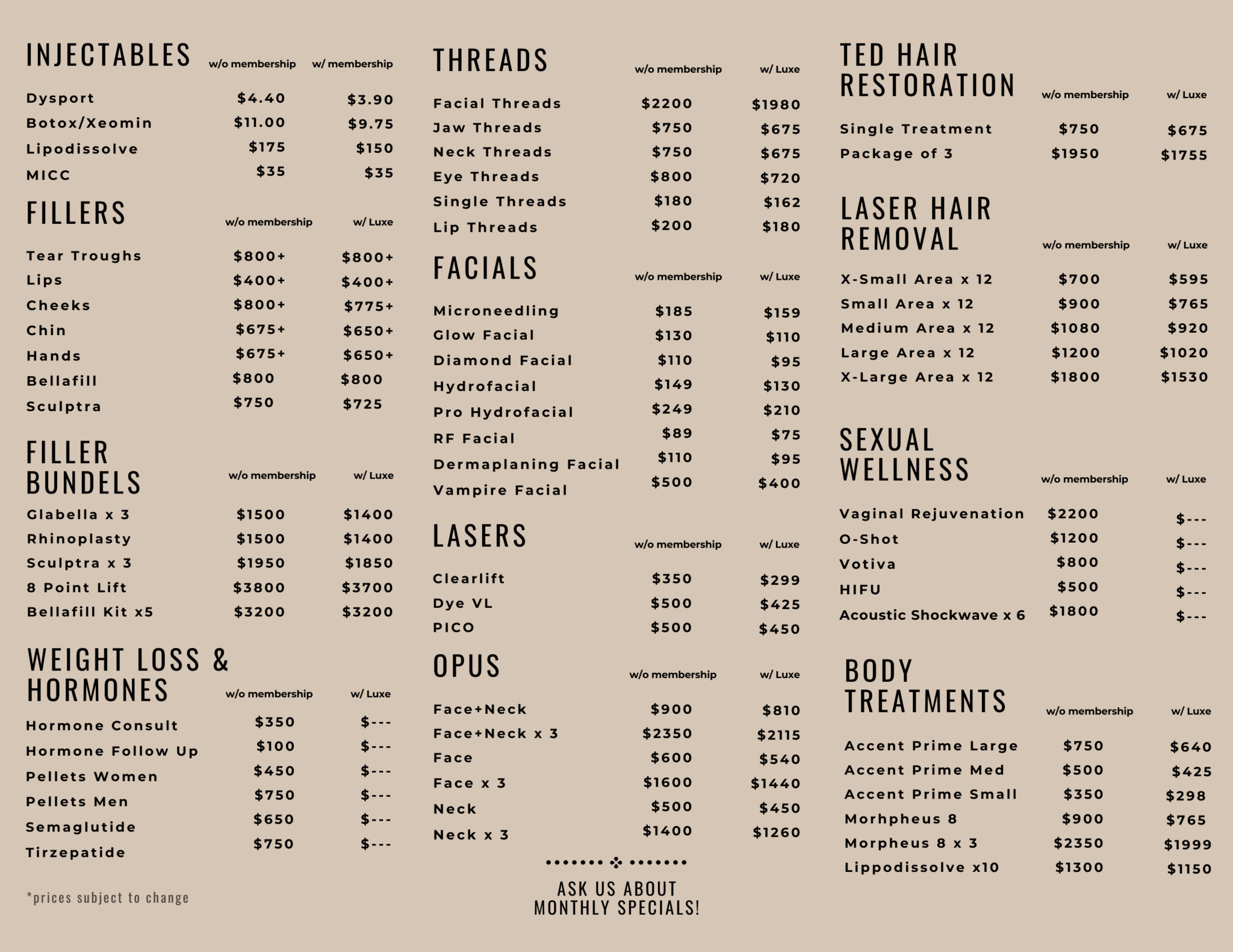 Treatments and Procedures Pricing | Beautiful U Med Spa